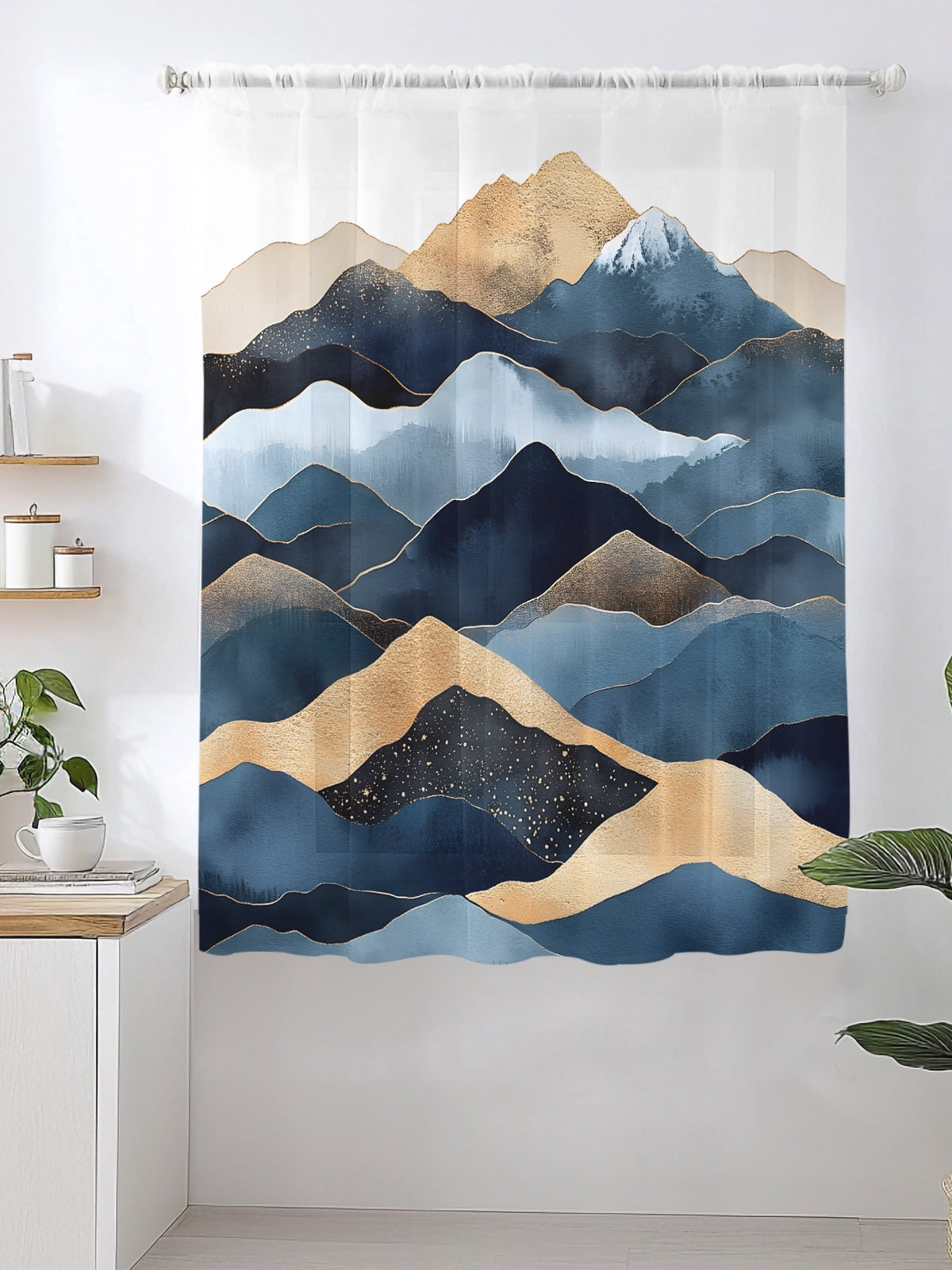Abstract Graffiti Sheer Curtains 72 Inch Long 1 Panel Blue Gold Stripe ...