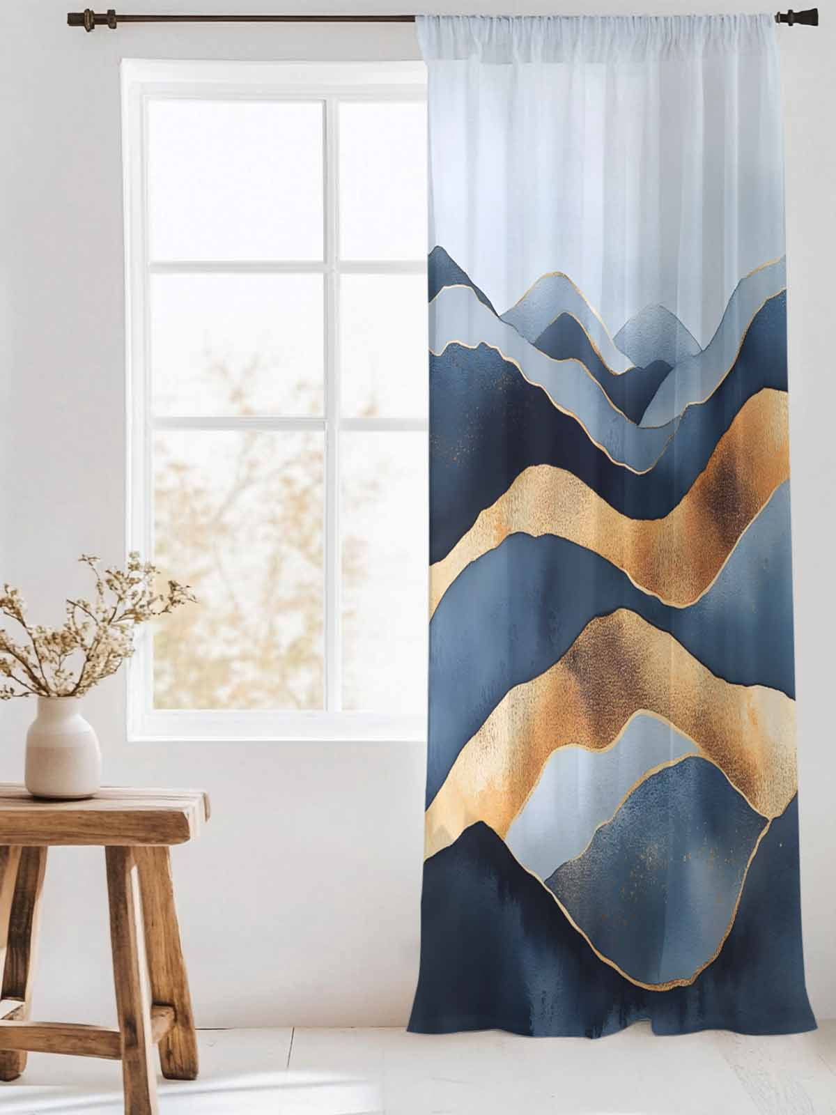 Abstract Graffiti Sheer Curtains 96 Inch Long 1 Panel Blue Gold Stripe ...