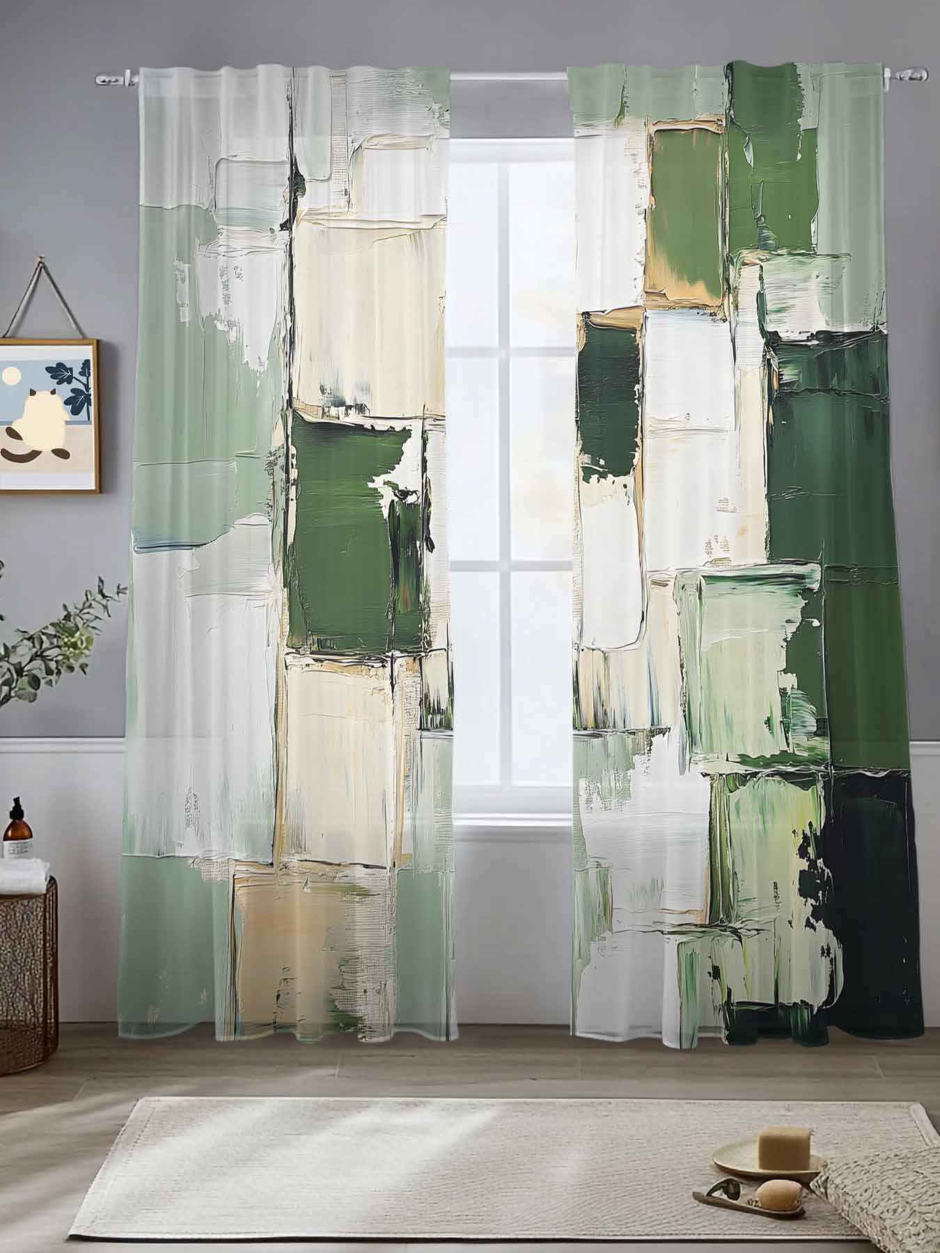 Abstract Graffiti Sheer Curtains 96 Inches Long 2 Panels Green Beige ...