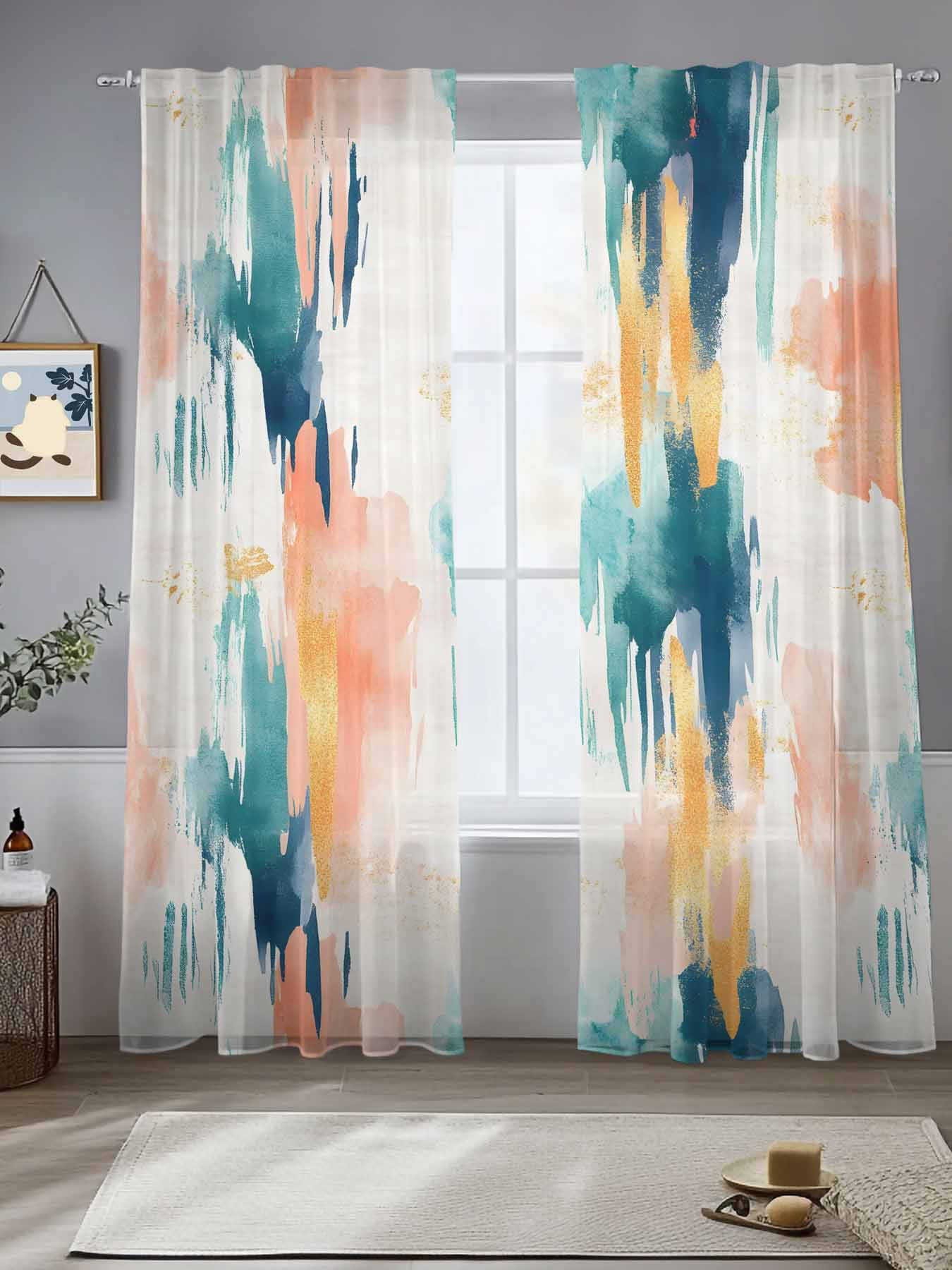 Abstract Graffiti Sheer Curtains 96 Inches Long 2 Panels Watercolor ...