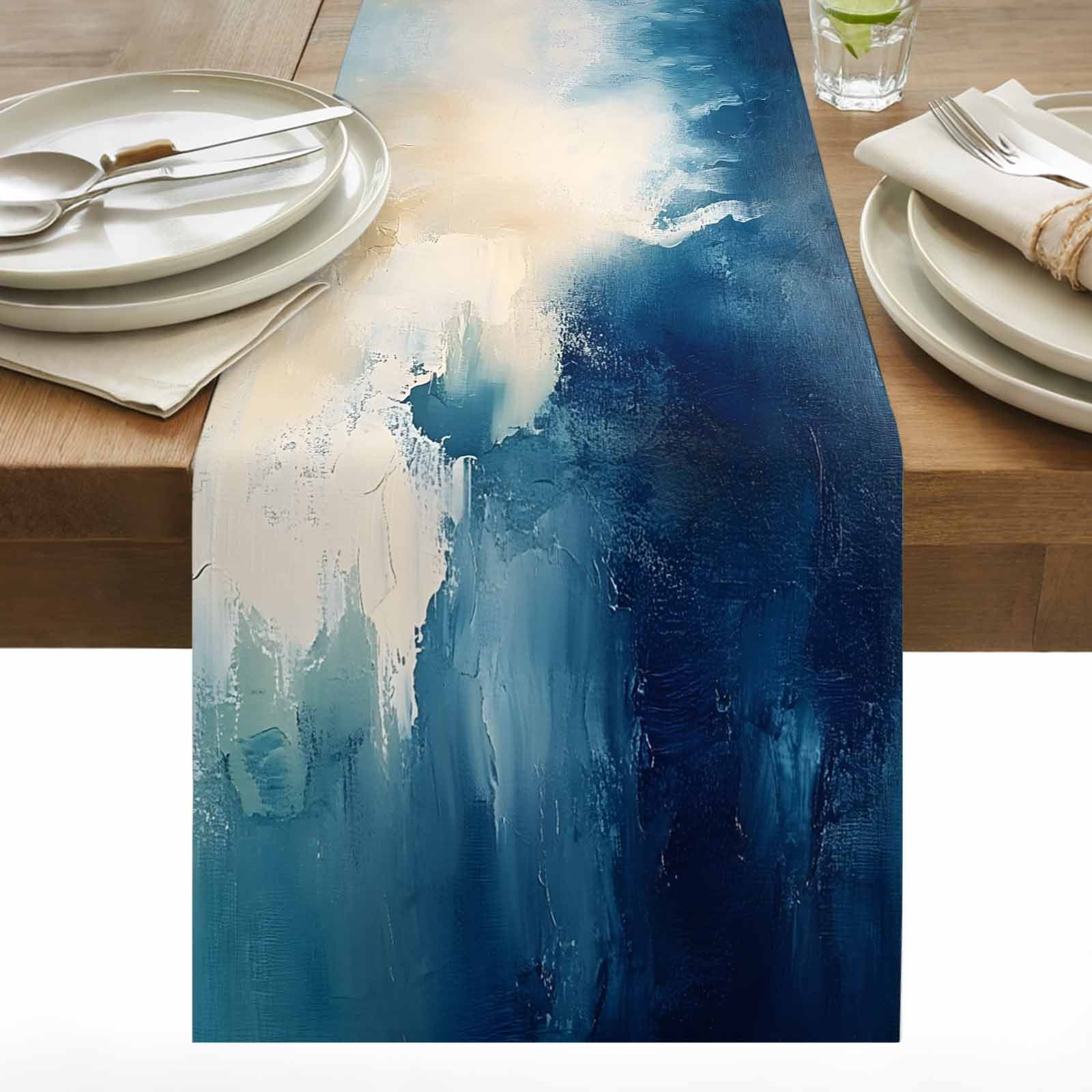 Abstract Graffiti Table Runner 13x120 inch Watercolor Blue Beige Oil ...