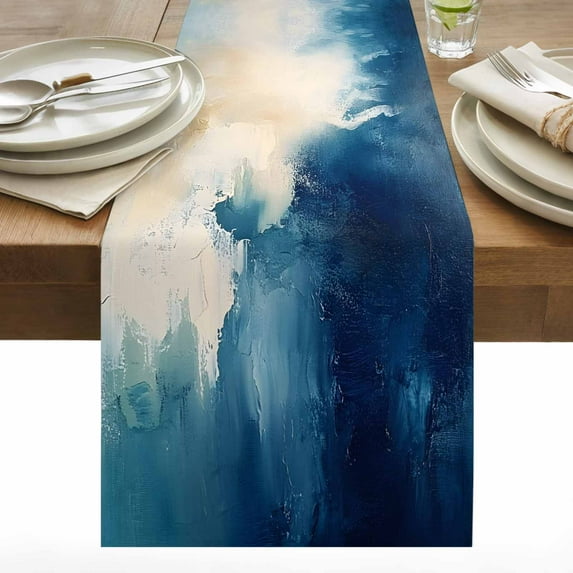 Abstract Graffiti Table Runner 13x120 inch Watercolor Blue Beige Oil ...