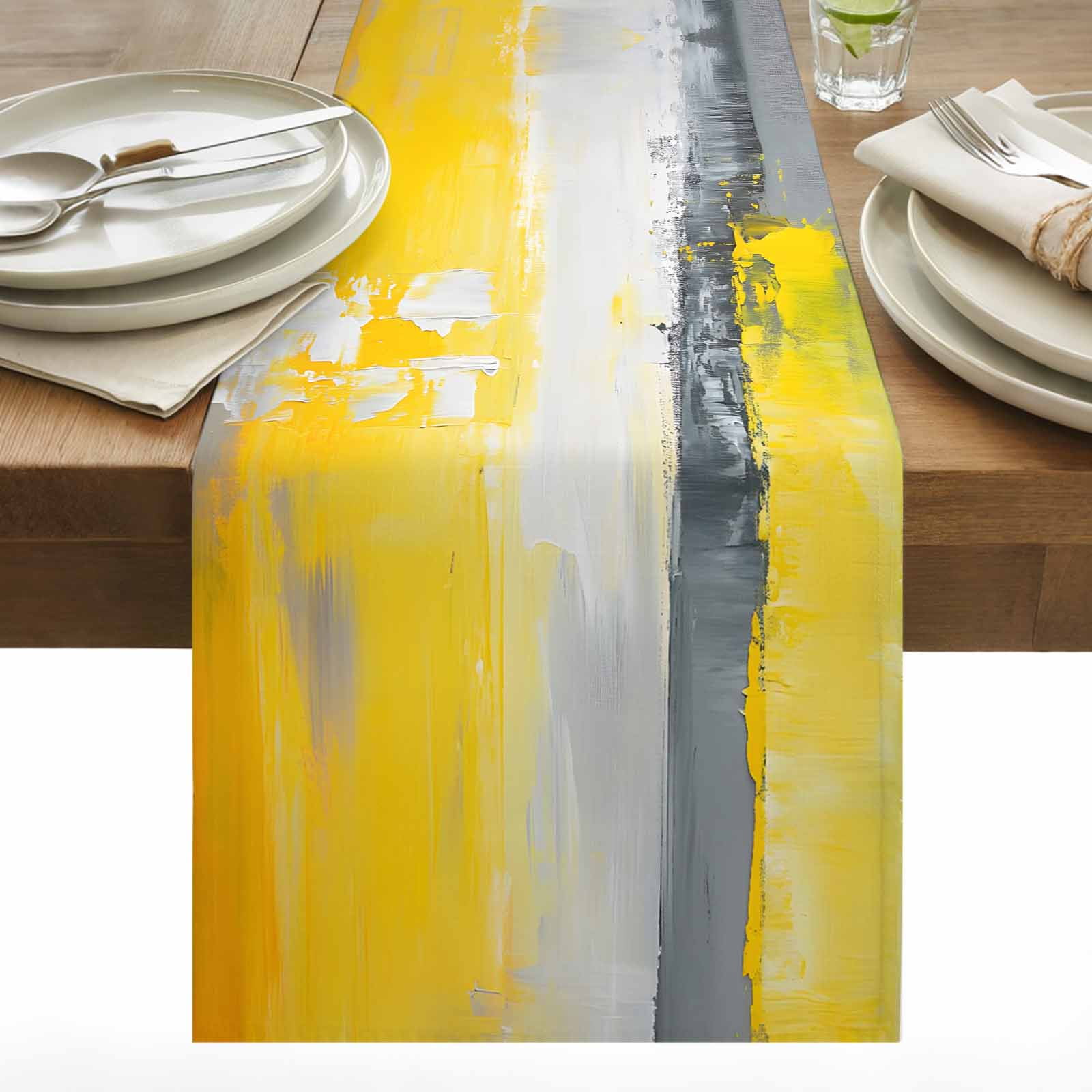 Abstract Graffiti Table Runner 13x36 inch Watercolor Yellow Gray Cotton ...