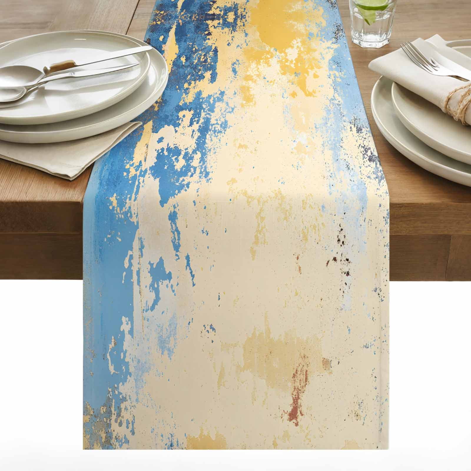 Abstract Graffiti Table Runner 13x36 inch Yellow Blue Oil Painting ...