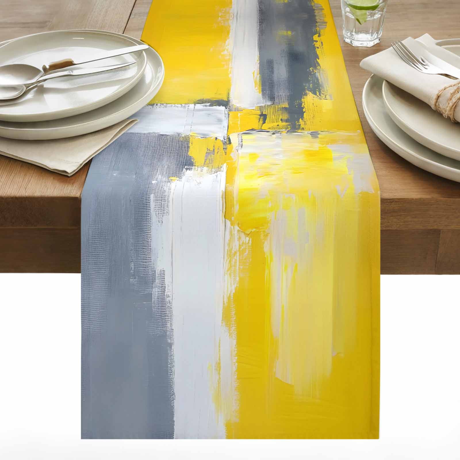Abstract Graffiti Table Runner 13x48 inch Watercolor Yellow Gray Cotton ...