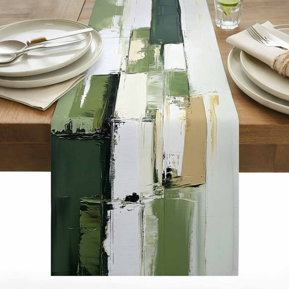 Abstract Graffiti Table Runner 13x90 inch Green White Watercolor Wash ...