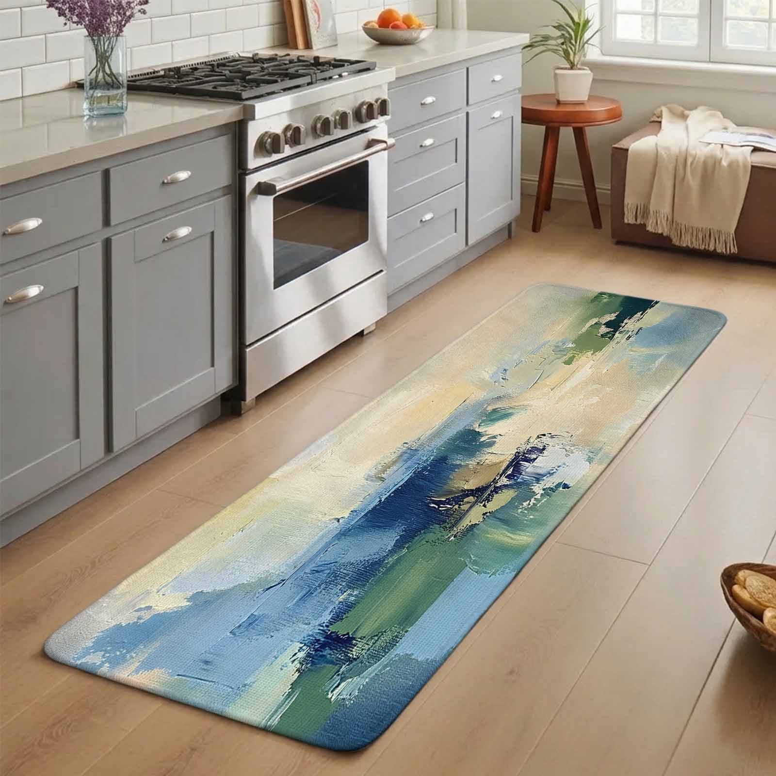 Abstract Graffiti Washable Runner Rug 3X5 ft Blue Beige Oil Painting ...