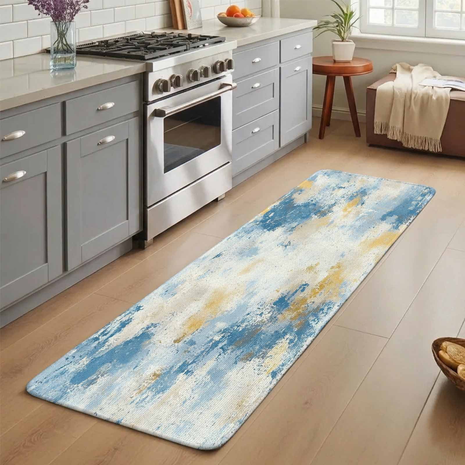 Abstract Graffiti Washable Runner Rug 3X7 ft White Yellow Blue Oil ...