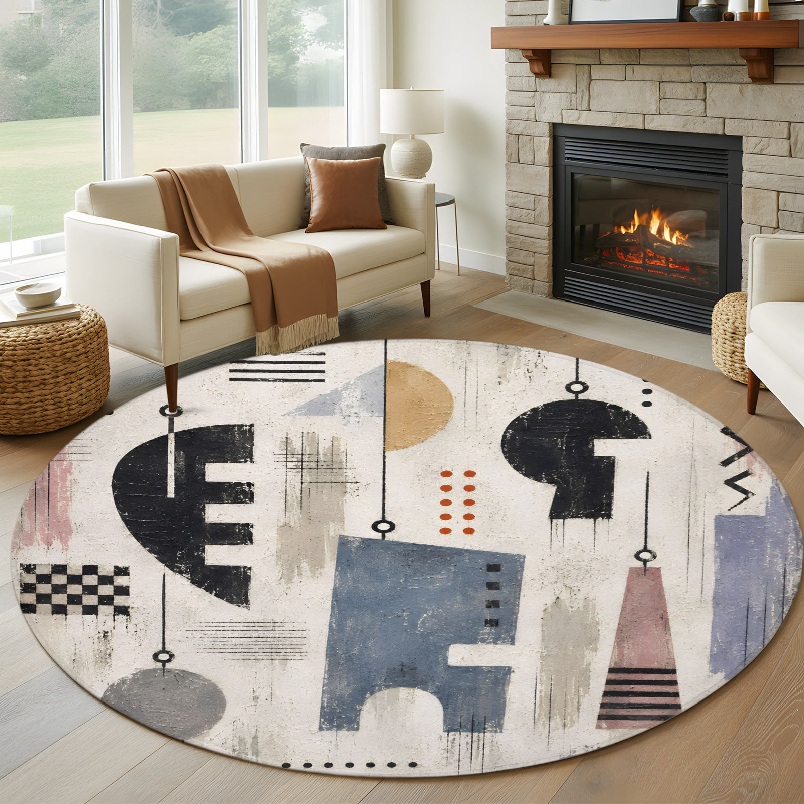 Abstract Graphic 7FT Round Area Rugs for Living Room Vintage Geometric ...