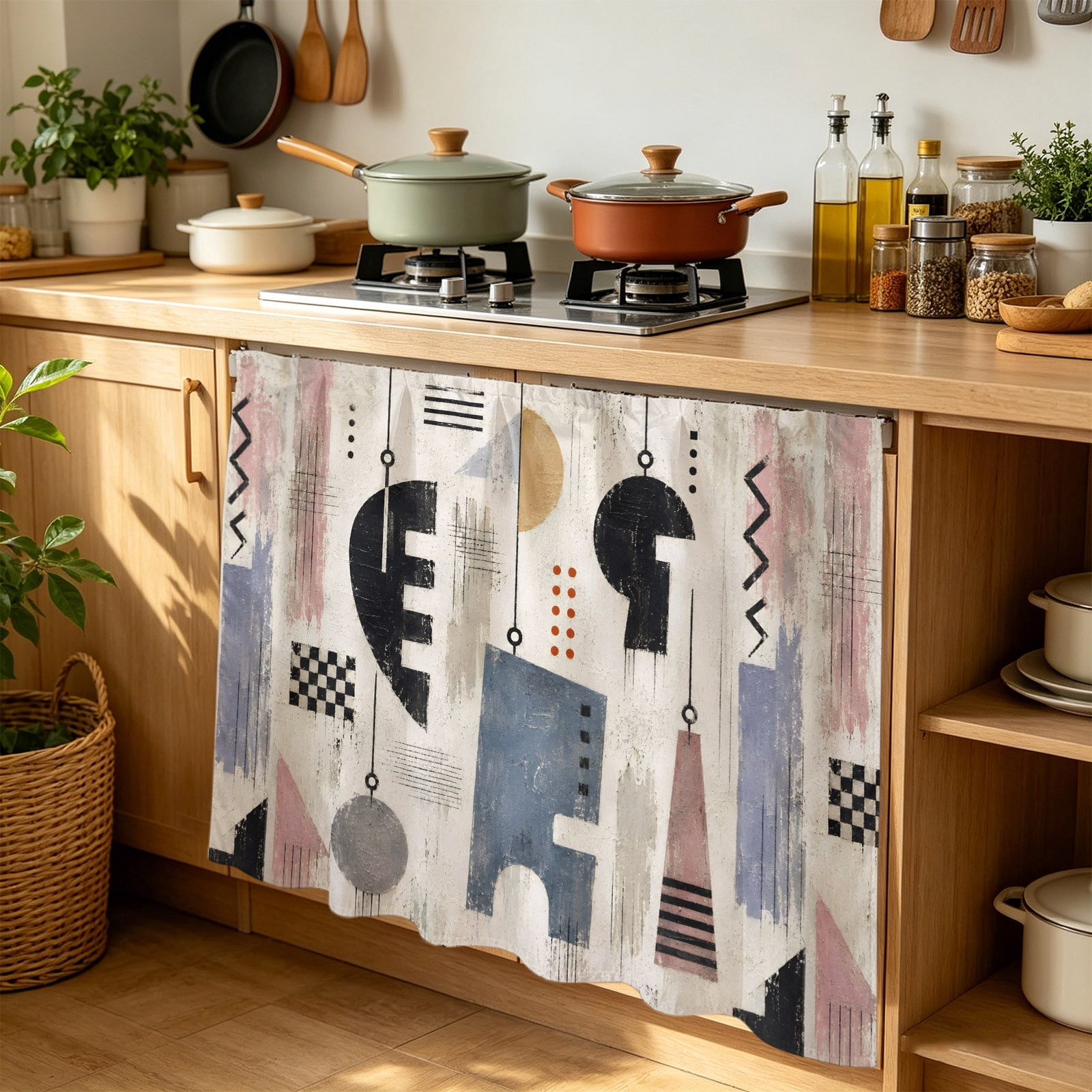 Abstract Graphic Cabinet Curtains for Kitchen 35"W x 35"L, Vintage ...