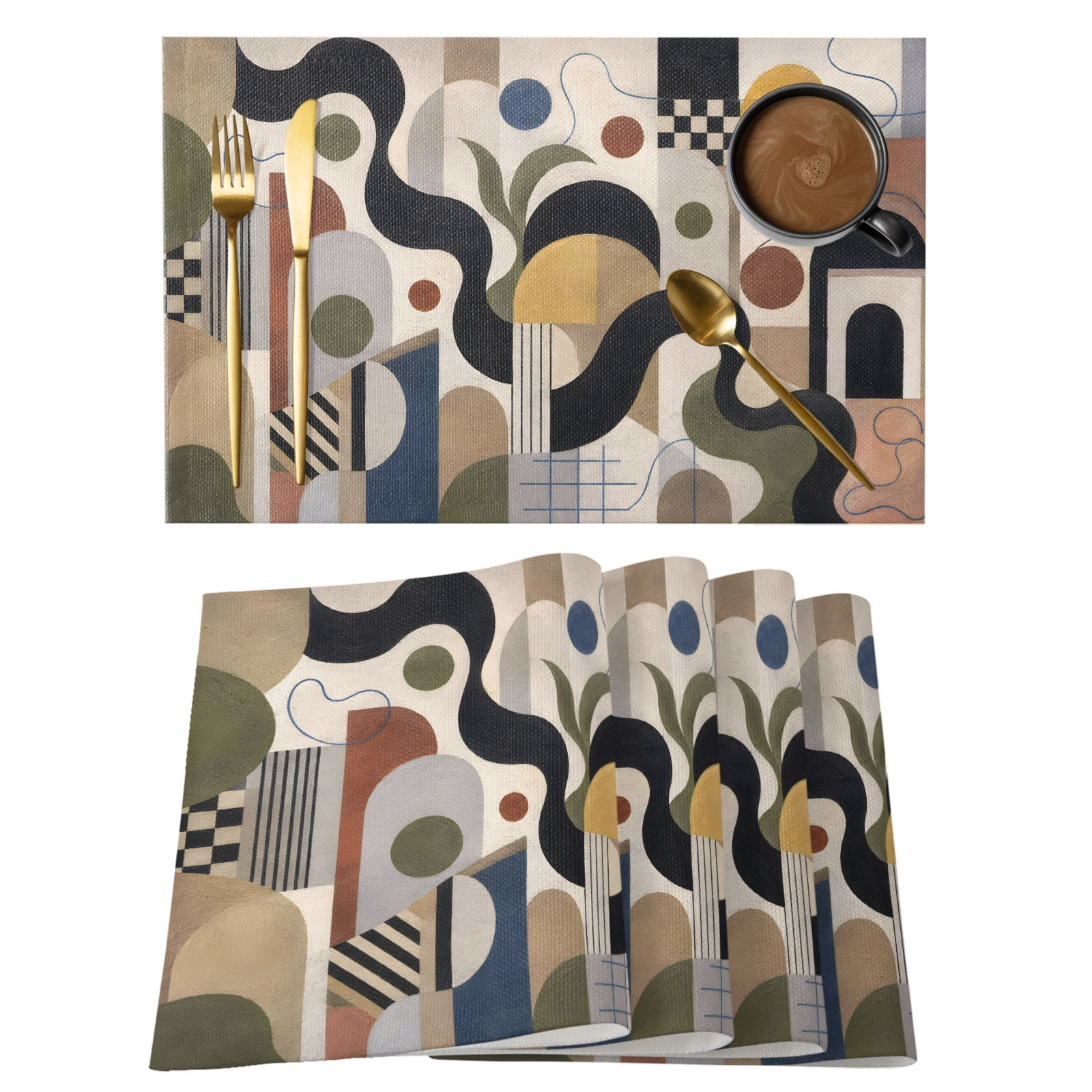 Abstract Graphic Placemats Set of 1, Vintage Geometric Black Yellow ...