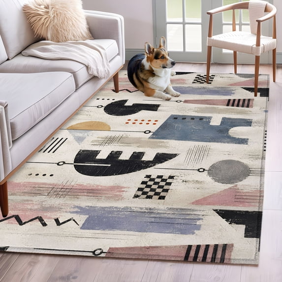 Abstract Graphic Washable Area Rug 4x6 Vintage Geometric Black Blue ...