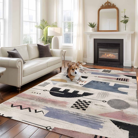 Abstract Graphic Washable Area Rug 8x10 Vintage Geometric Black Blue ...