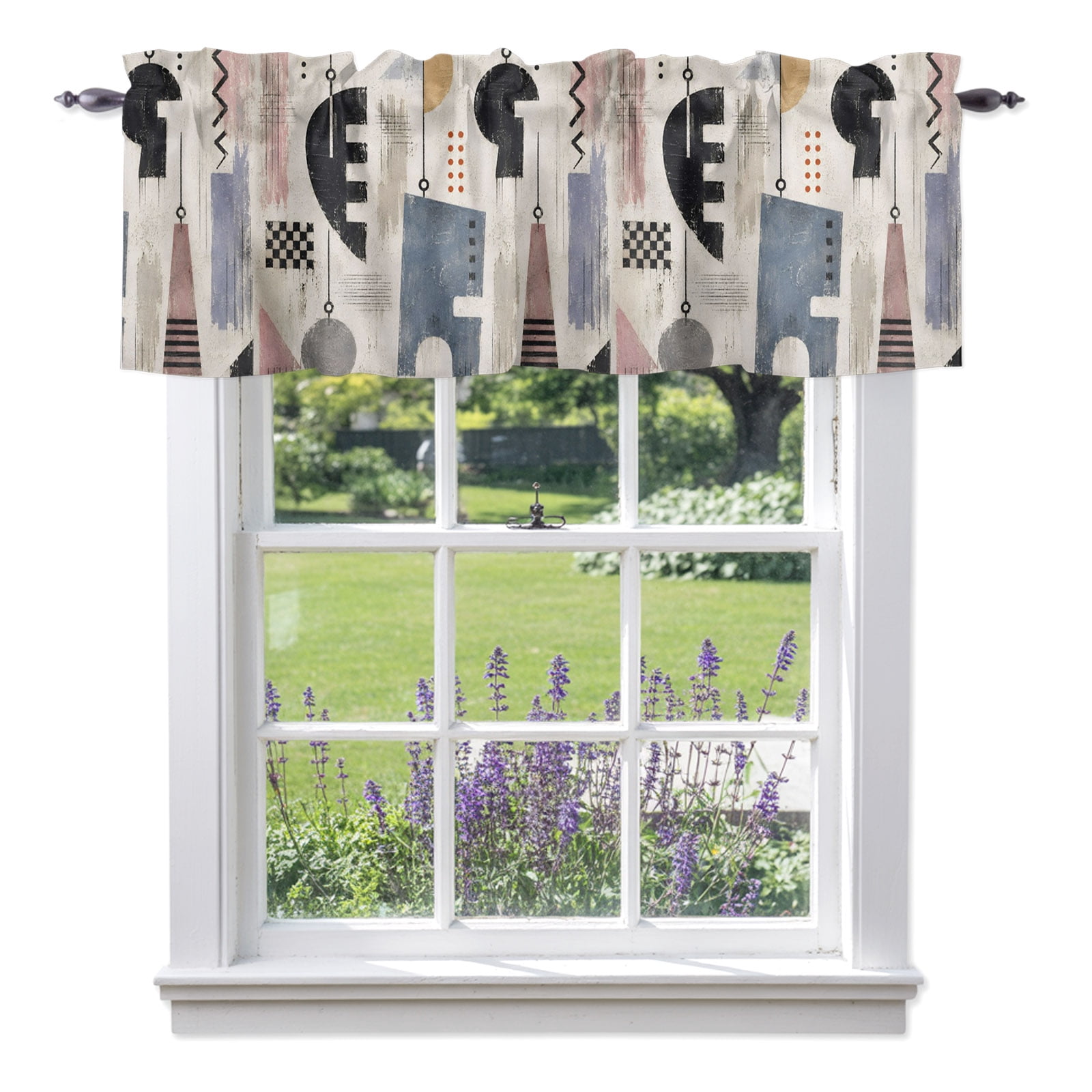 Abstract Graphic Window Valance for Kitchen, Vintage Geometric Black ...