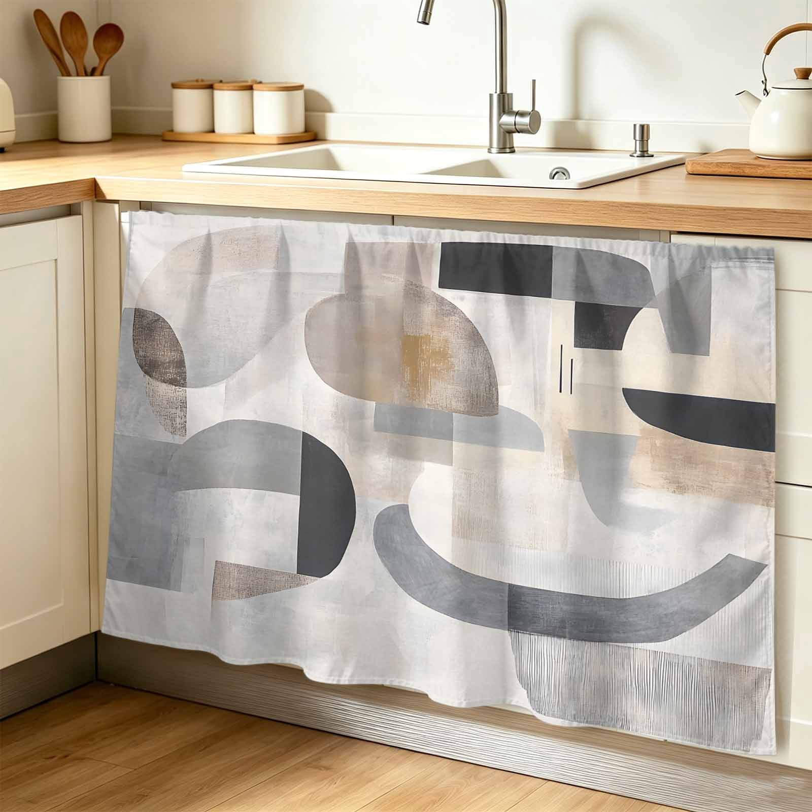 Abstract Gray Brown Cabinet Curtains for Shelves, Modern Geometric Art ...