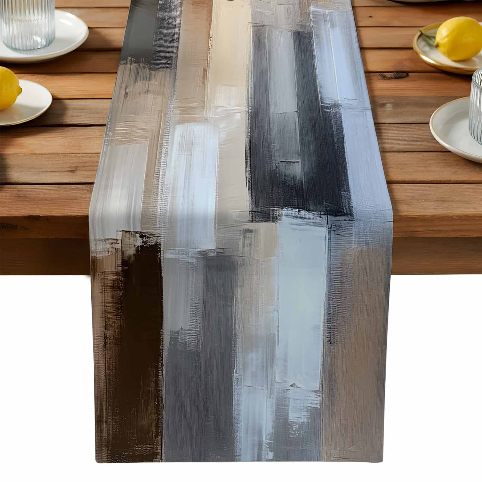 Abstract Gray Brown Cotton Linen Table Runner for Dining Kitchen, Oil ...