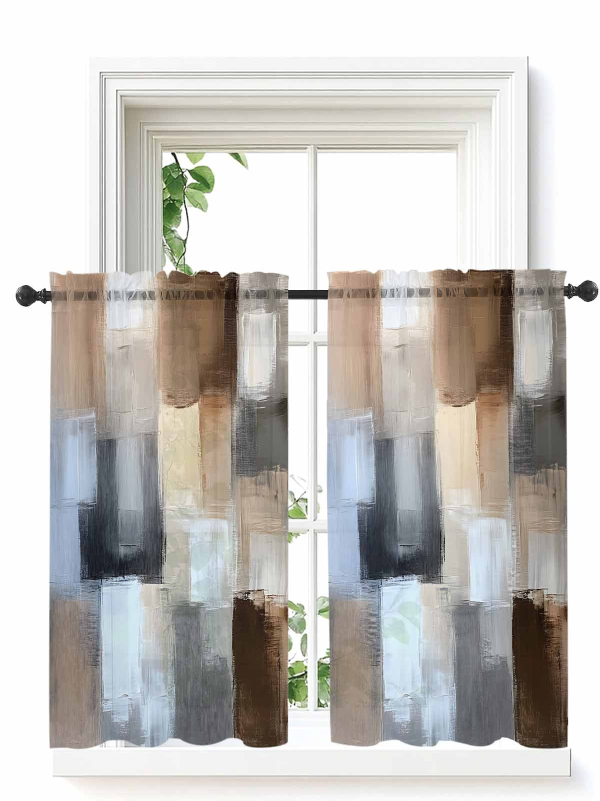 Abstract Gray Brown Curtains 45 Inch Length, Sheer Curtains for Bedroom ...