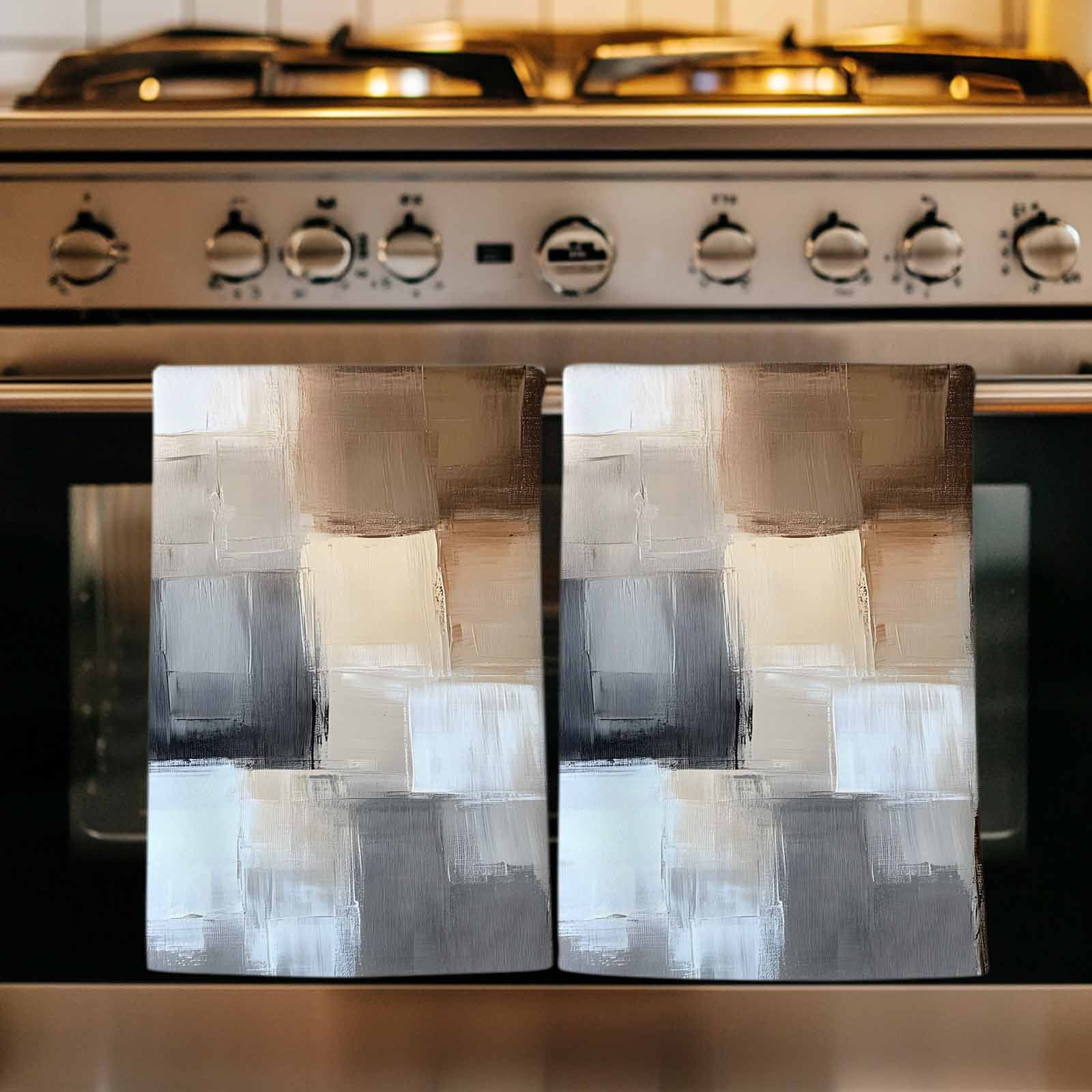 Abstract Gray Brown Kitchen Towels Set of 2, Oil Painting Color Blocks ...