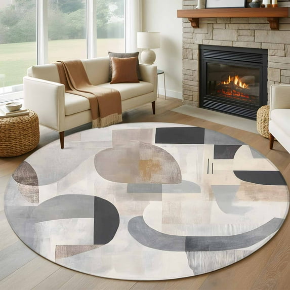 Abstract Gray Brown Round Area Rug 5 FT, Non Slip Bedroom Area Rug ...