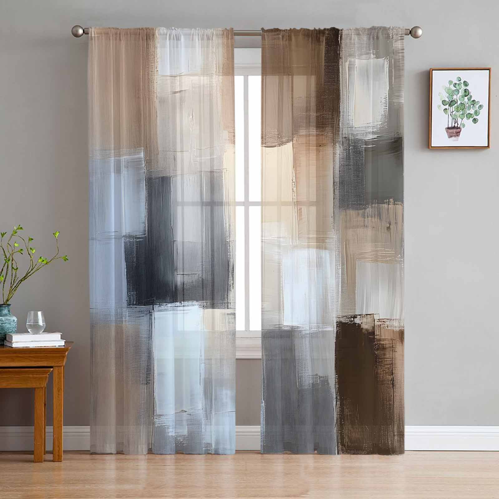 Abstract Gray Brown Sheer Curtains 72 Inches Long 2 Panels Set, Window ...