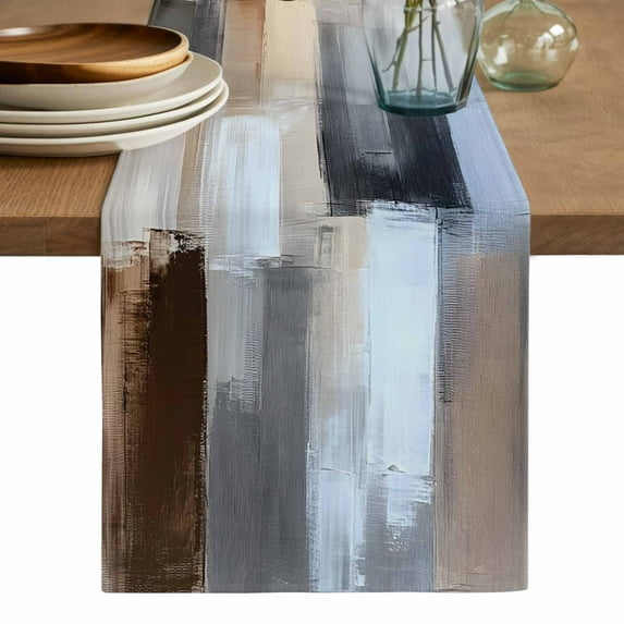 Abstract Gray Brown Table Runner, Oil Painting Color Blocks Washable ...