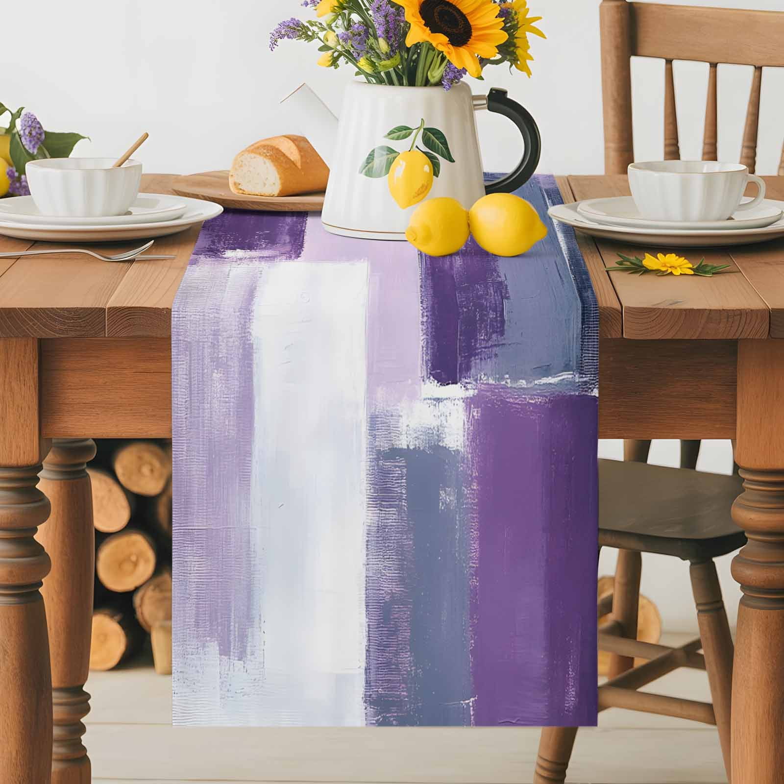 Abstract Gray Dining Table Runner, Purple Mottled Graffiti Color Block ...