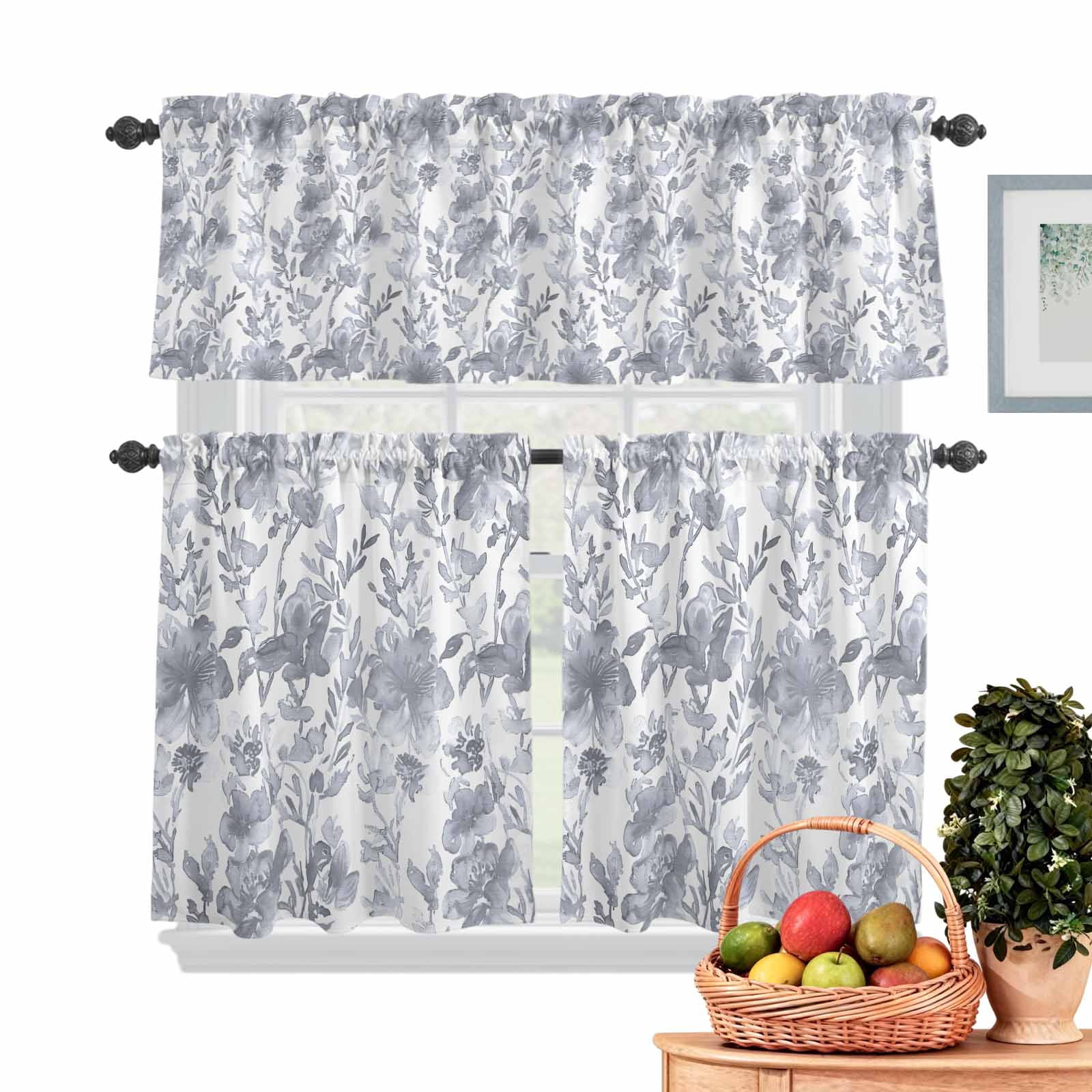Abstract Gray Floral Kitchen Curtains Valances 3 Piece Set, Watercolor ...
