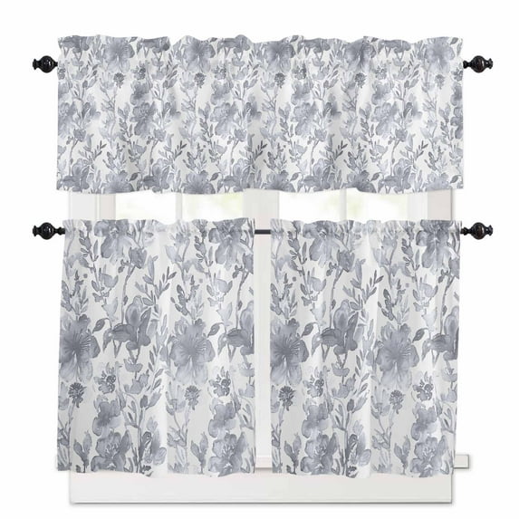 Abstract Gray Floral Kitchen Curtains Valances and Tiers Set of 3, 24 ...