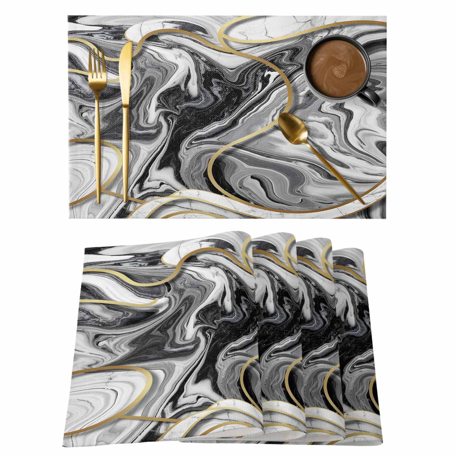 Abstract Gray Gold Marble Texture Placemats Set of 6,Wipeable Washable ...