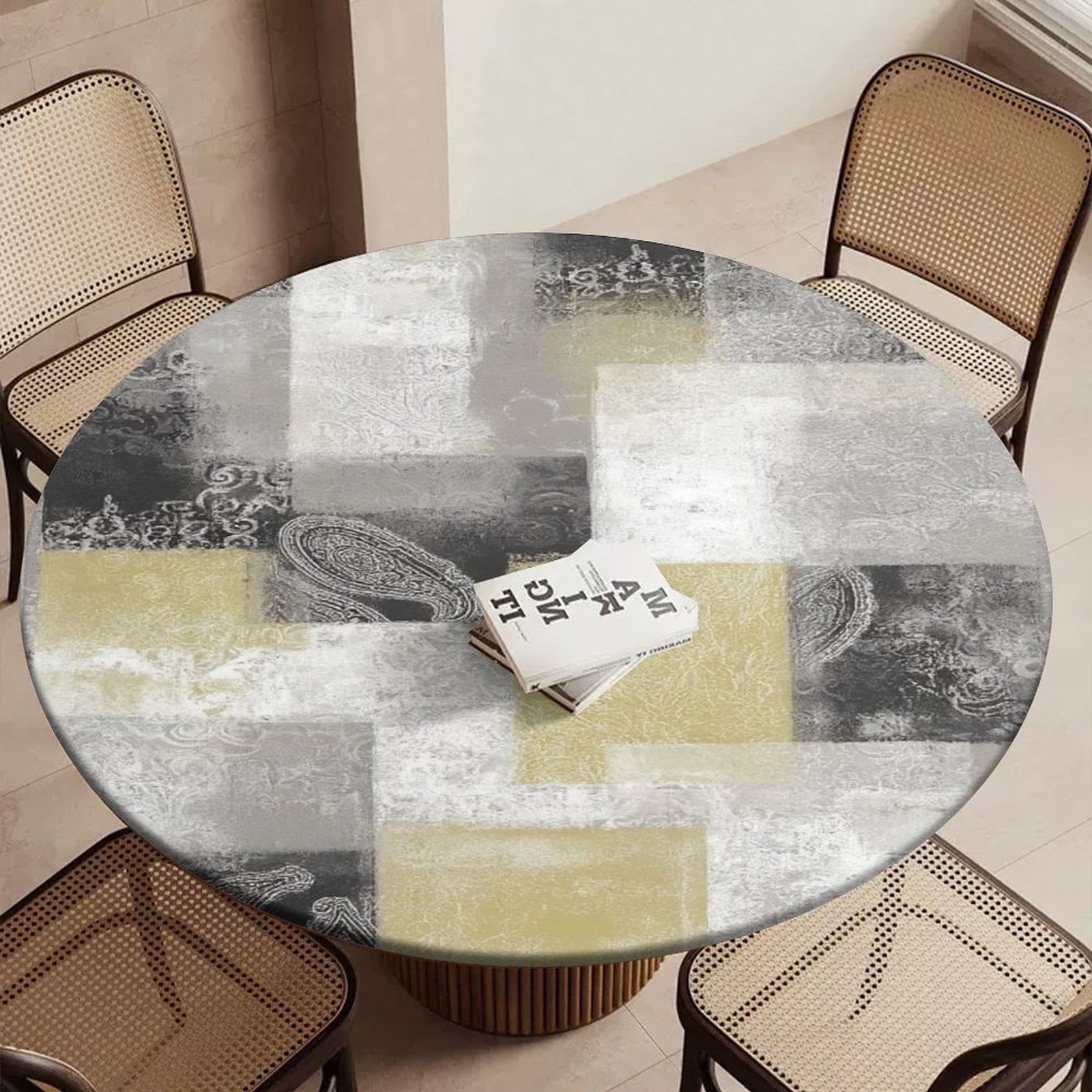 Abstract Gray Gold Paisley Rug Round Table Cover Kitchen Printed ...