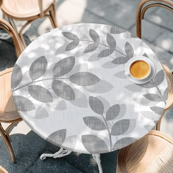 Abstract Gray Leaves Silhouette Round Fitted Tablecloth with Elastic ...