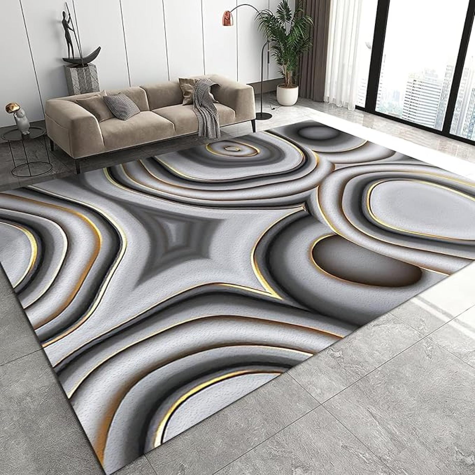 Abstract Gray Marble Area Rug, Irregular Golden Circle Non Slip Noise Reduction Large Area Rugs ...