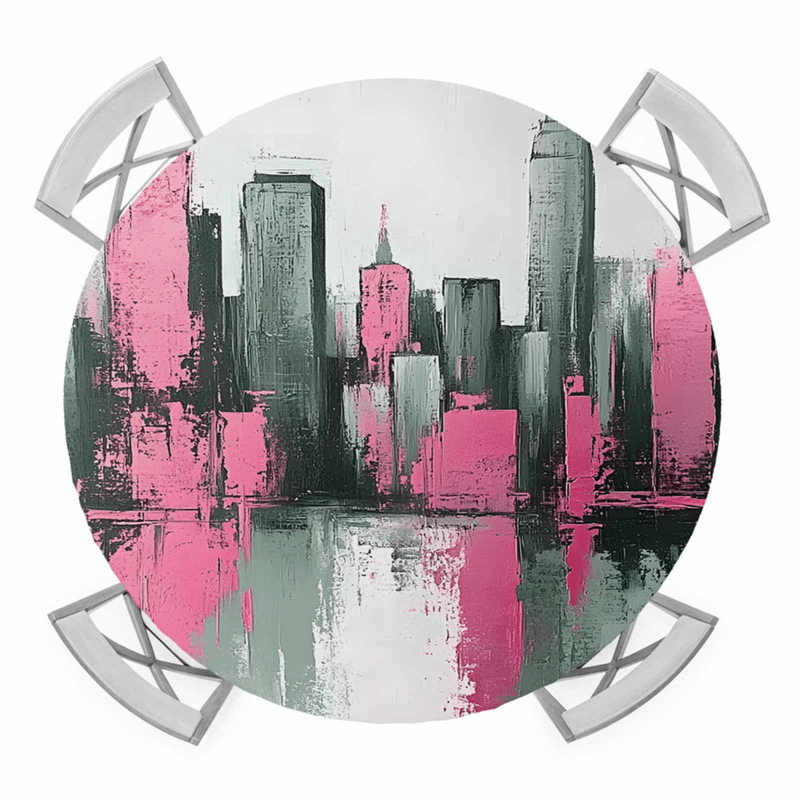 Abstract Gray Pink City Elastic Fitted Round Table Cover Oil Painting ...