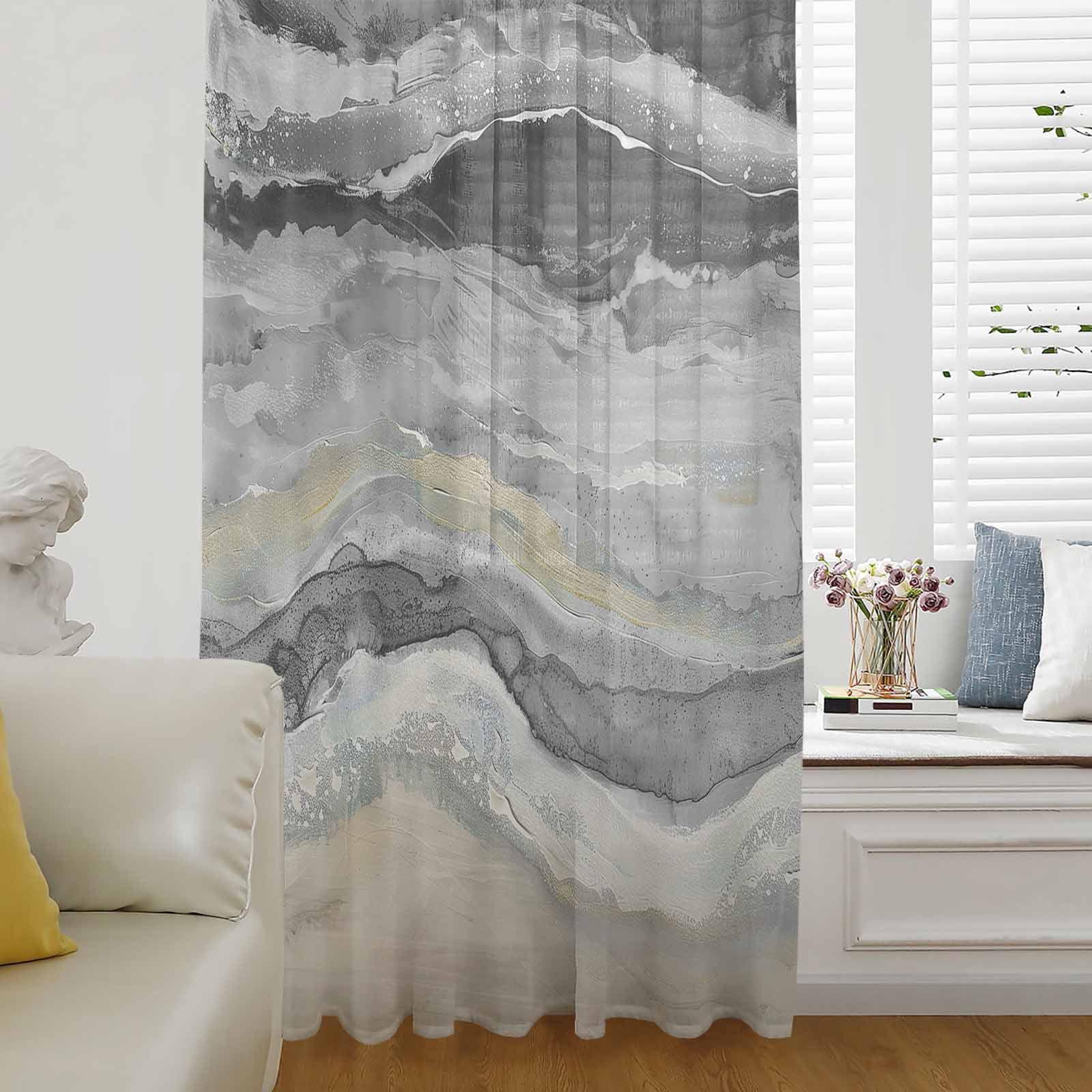 Abstract Gray Window Curtain 84 Inches Long,Beach Wave Striped ...