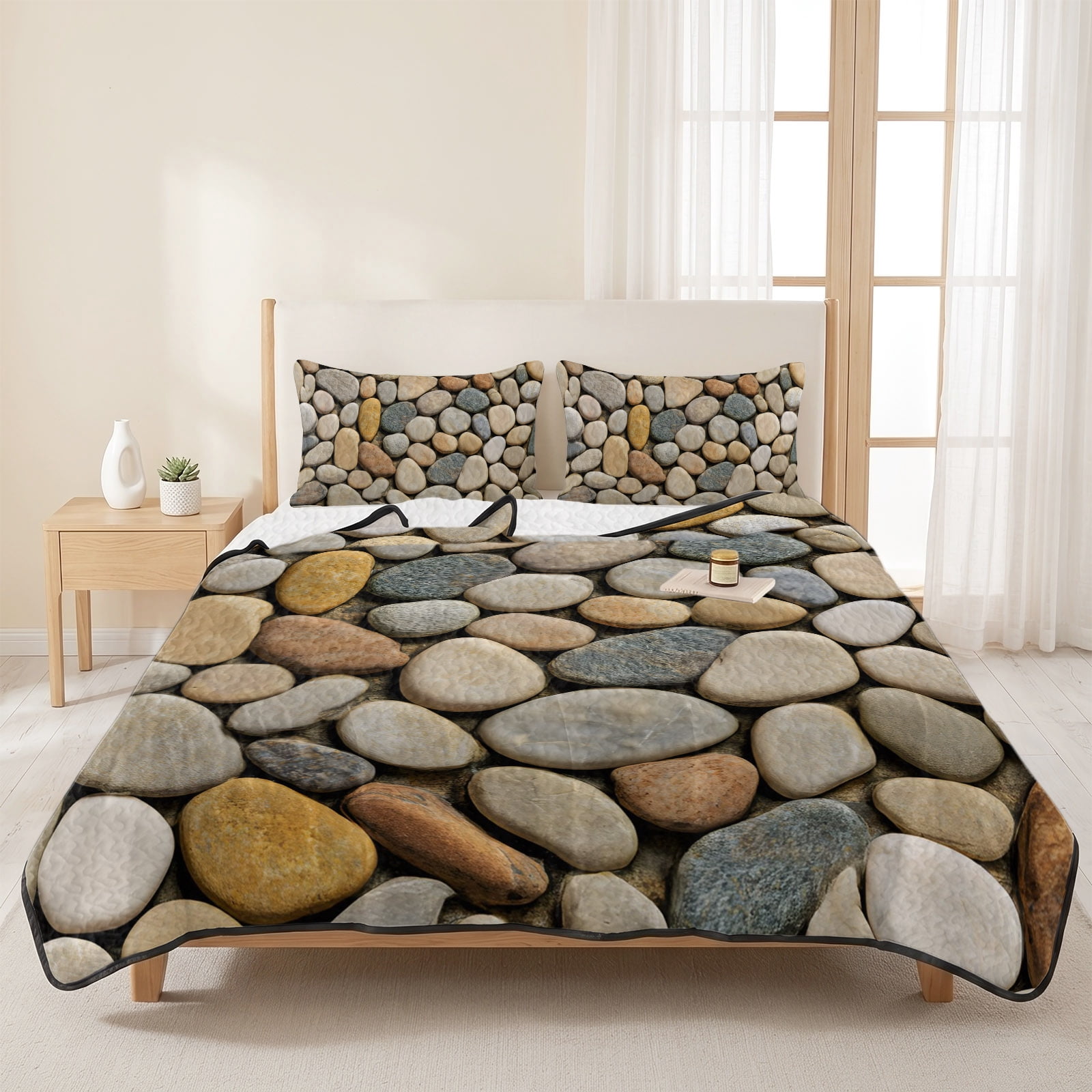 Abstract Gray Yellow Cobblestone 3 Pieces Quilt Set,1 Quilt with 2 ...