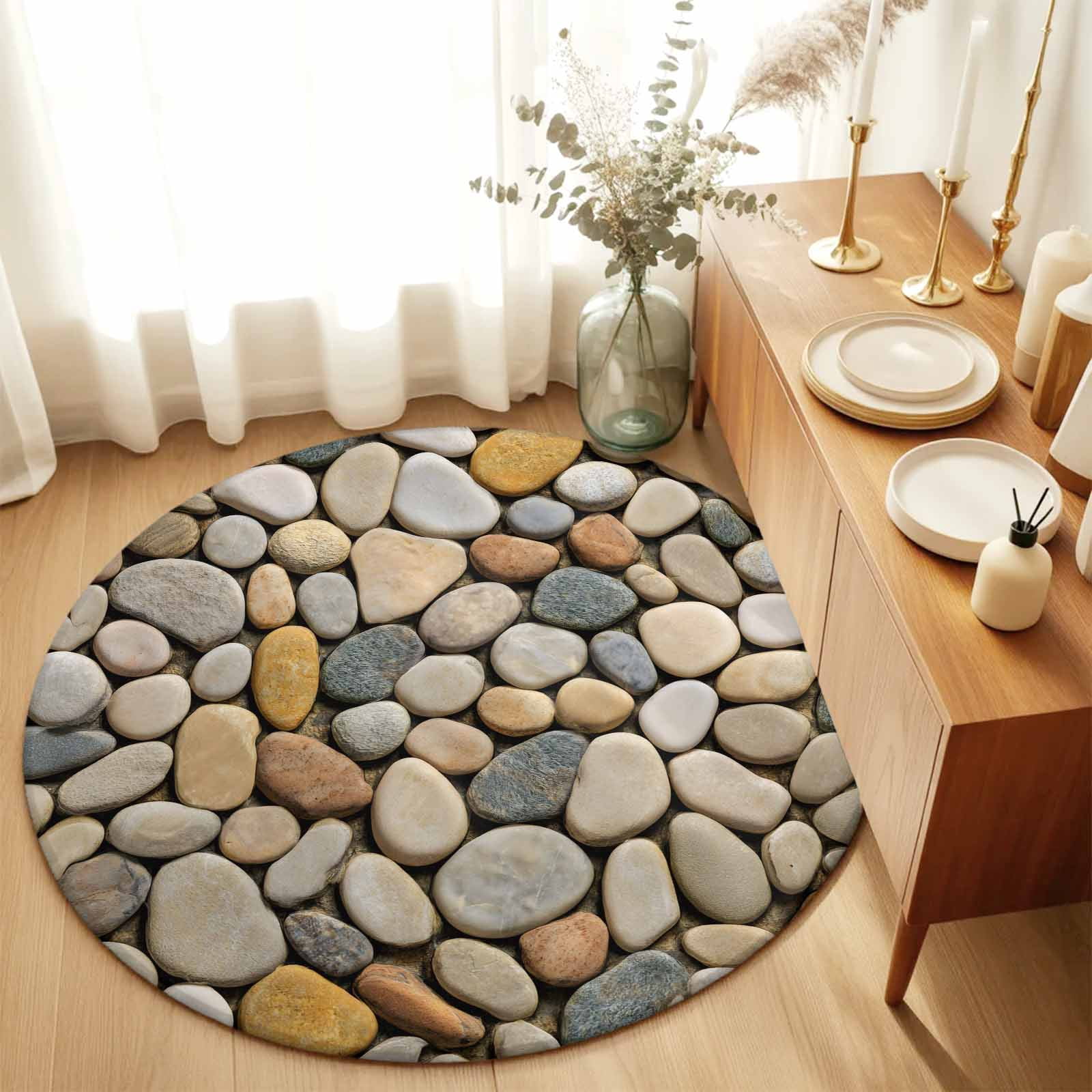 Abstract Gray Yellow Cobblestone Round Rug 3ft Modern Grey Pebble Stone ...