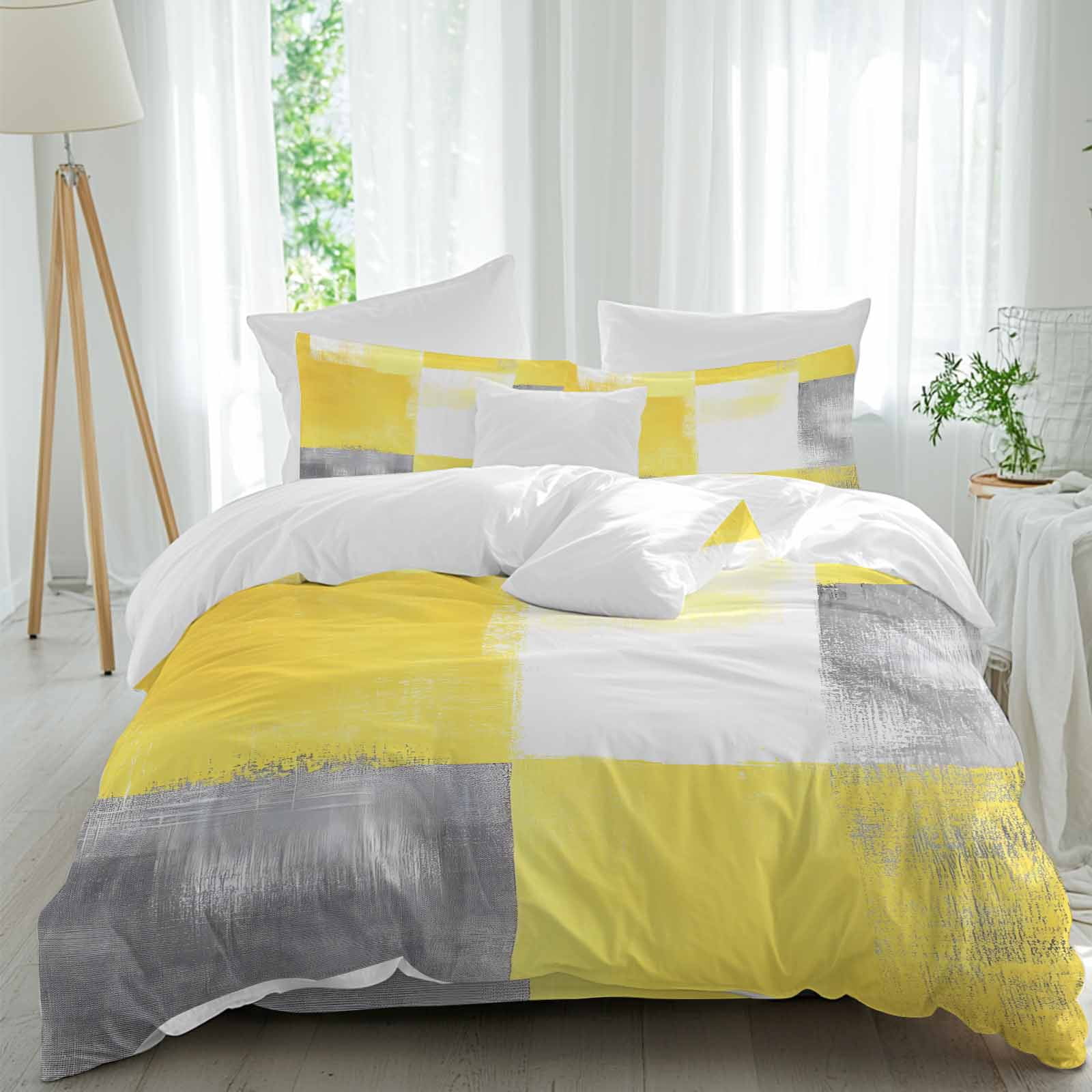 Abstract Gray Yellow Paint 4 Piece Duvet Cover Set California King Size ...