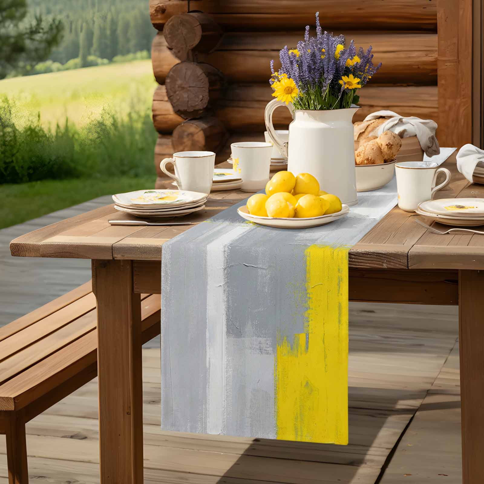 Abstract Gray Yellow Table Runner 13x72in Non-Slip Cotton Linen Table ...