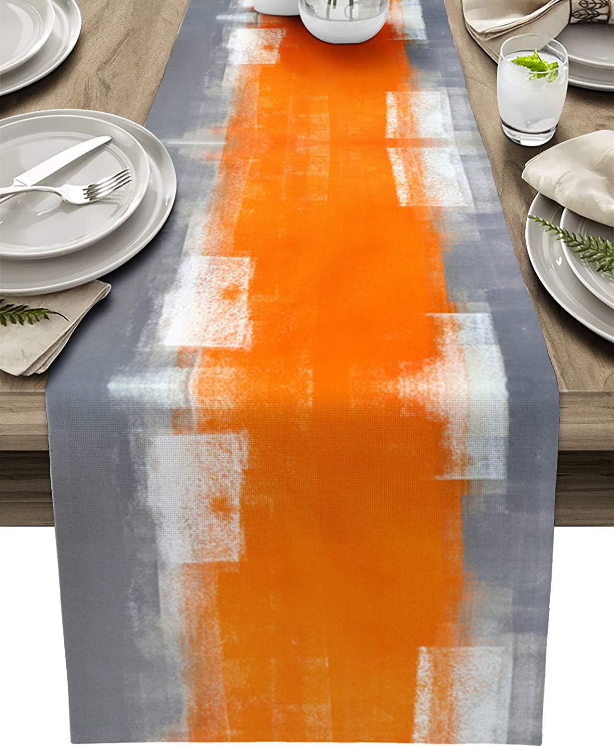 Abstract Gray and Orange Texture Linen Table Runner Wedding ration ...