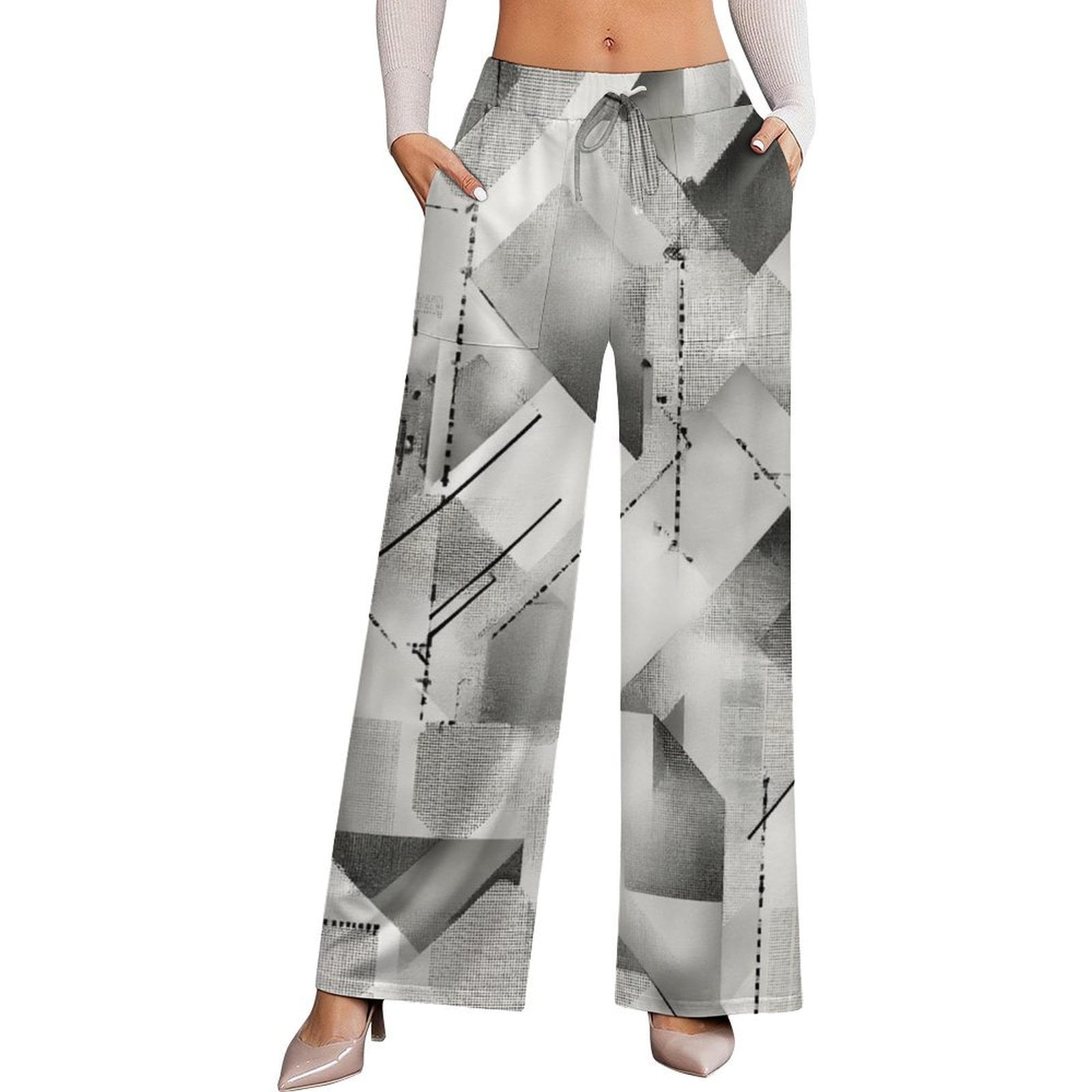 Abstract Grayscale Geometric Design Women's Casual Wide Leg Pants ...