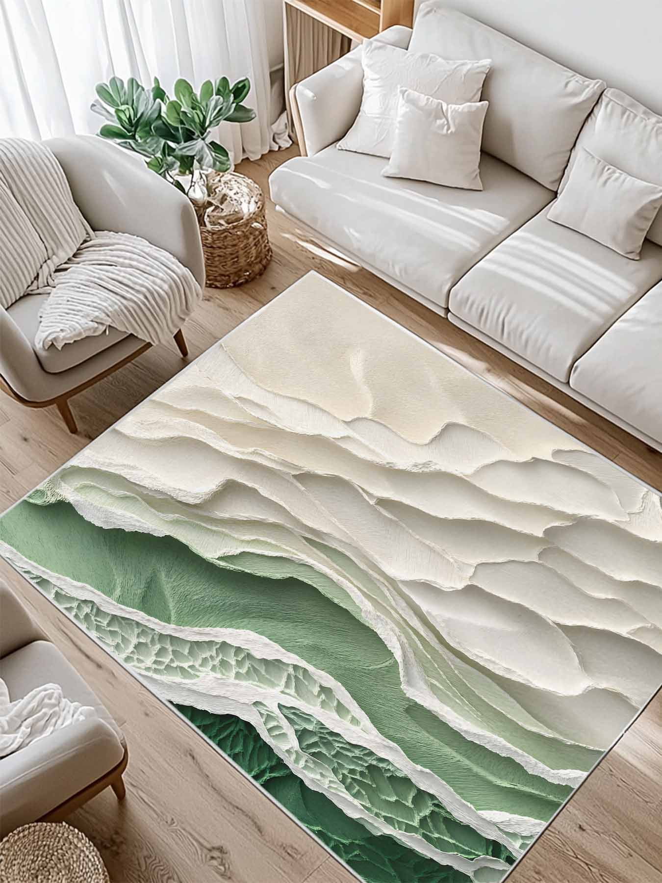 Abstract Green Area Rug for Bedroom 4x6 Ft Beige Ocean Wave Oil ...