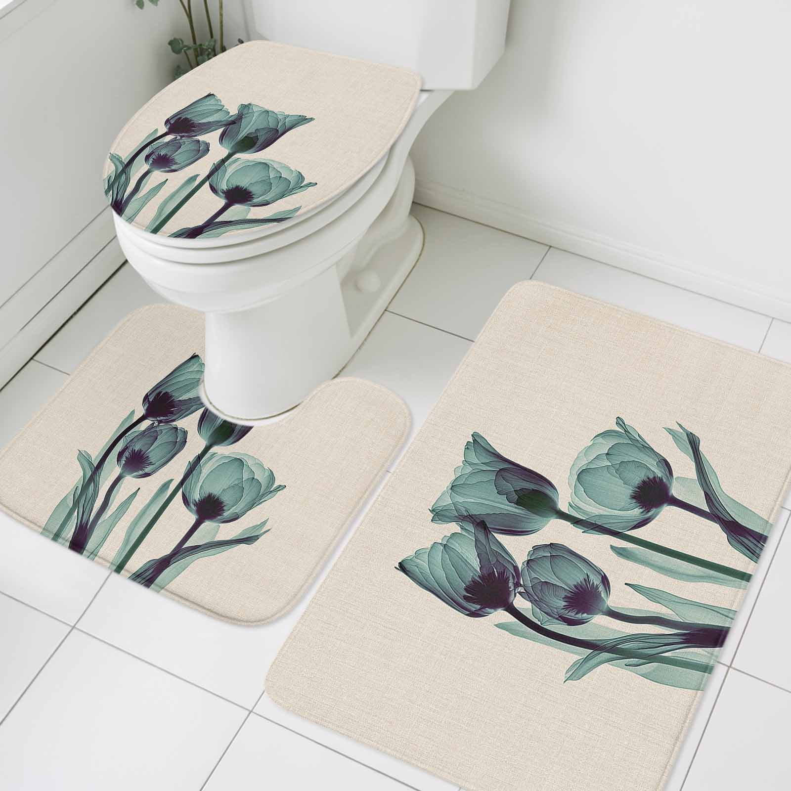 Abstract Green Bathroom Rugs Set Tulip Ray Beige Texture Non Slip ...