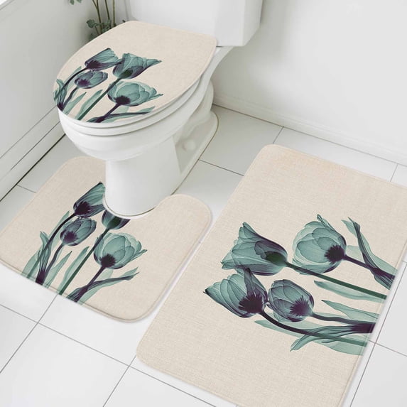 Abstract Green Bathroom Rugs Set Tulip Ray Beige Texture Non Slip ...