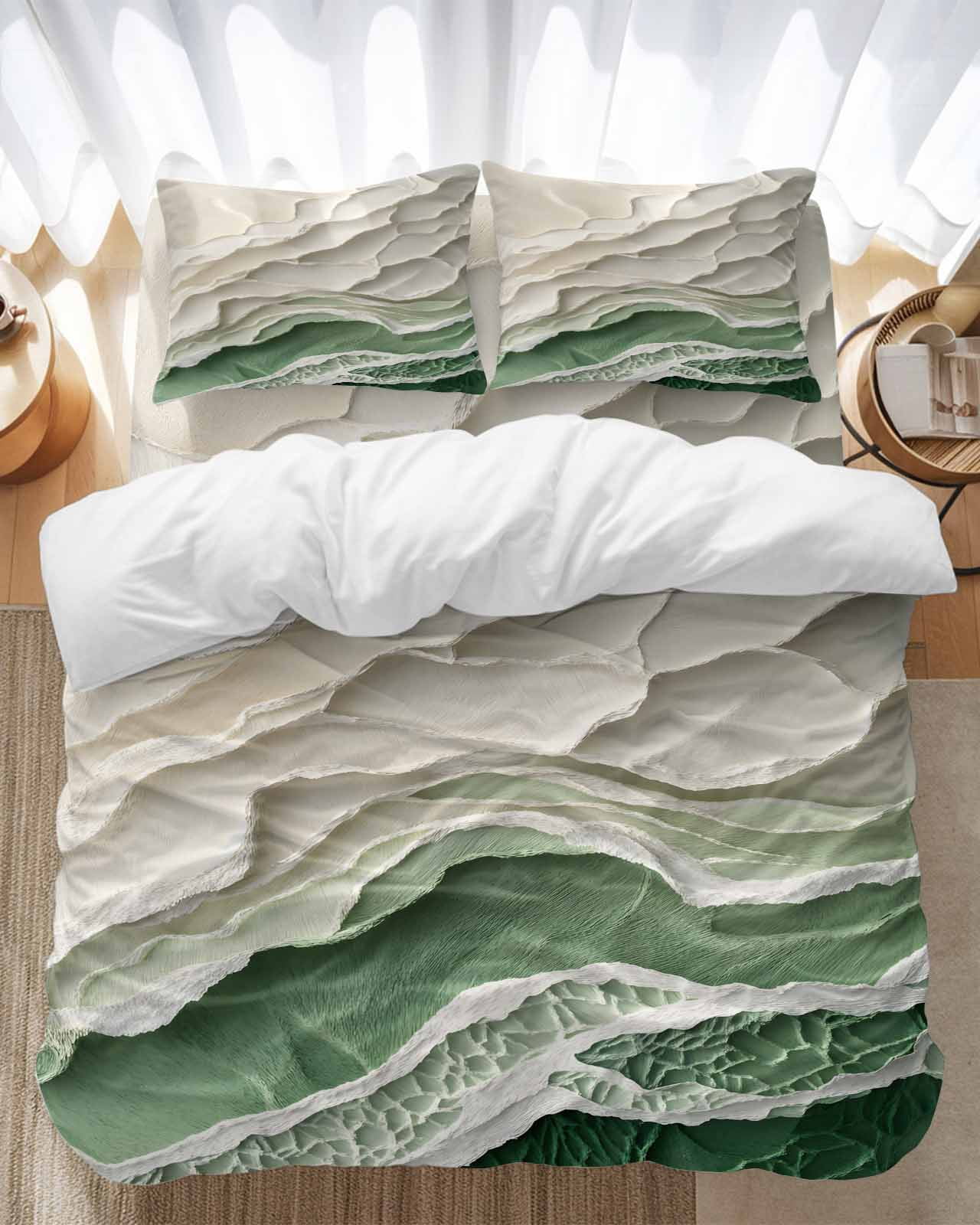 Abstract Green Bedding Duvet Cover Set Full Size 4 Pieces Beige Ocean ...