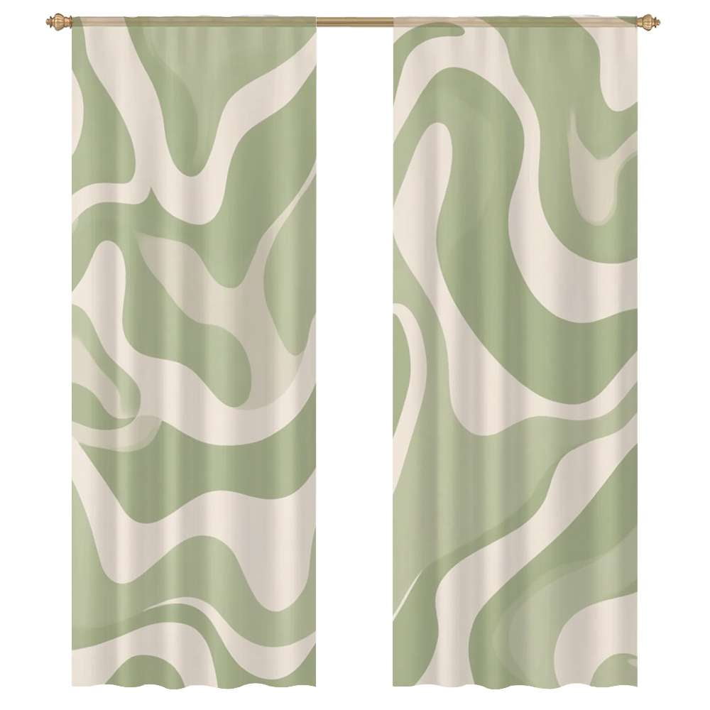 Abstract Green Beige Swirl Pattern Sheer Voile Curtain Window Tulle ...