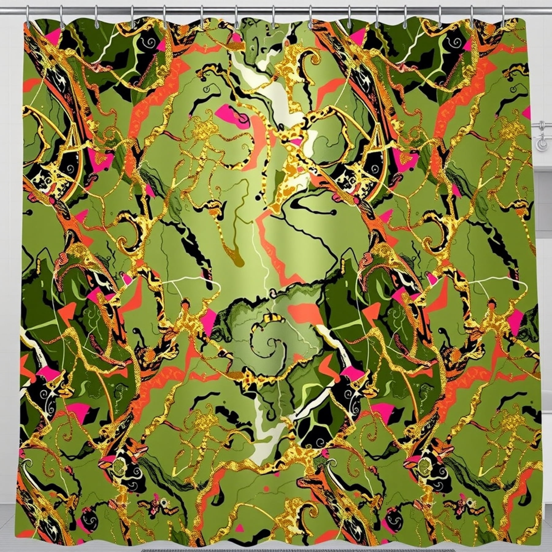 Abstract Green, Black & Gold Shower Curtain - Labyrinth Design with ...