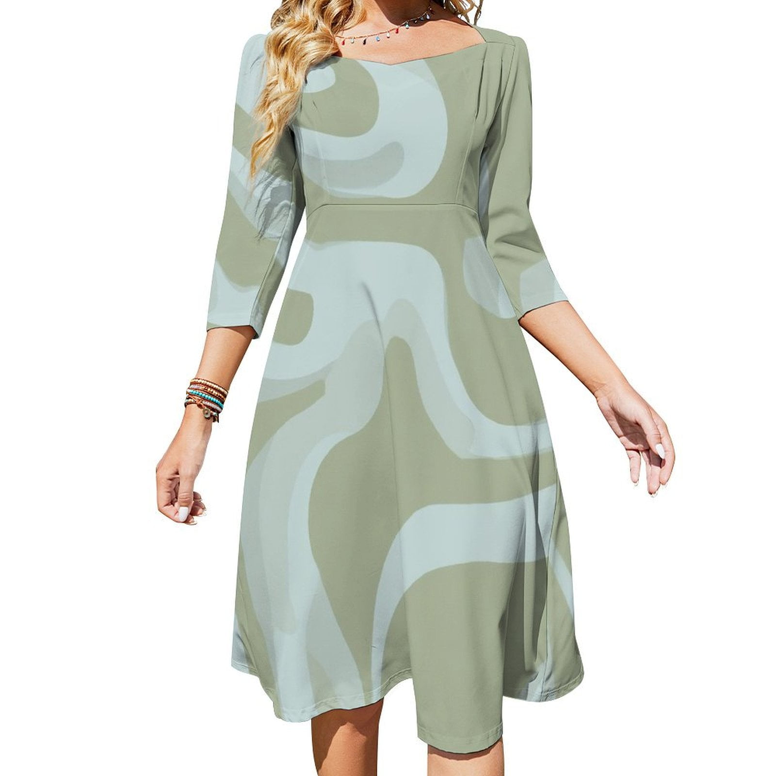 Abstract Green Blue Swirls Pattern Flare Dress Square Neck Dress ...