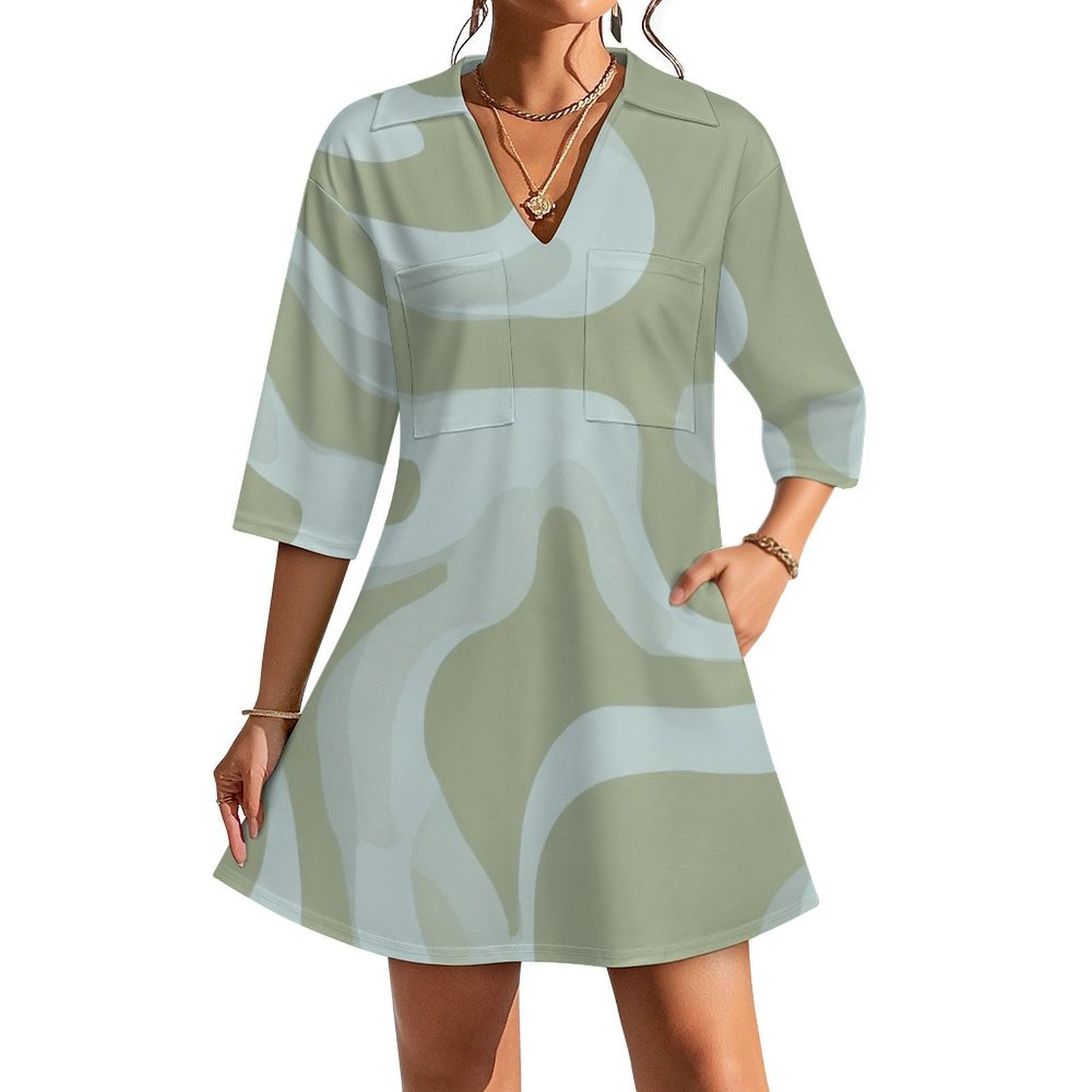 Abstract Green Blue Swirls Pattern Womens Dress With Pockets Summer V ...