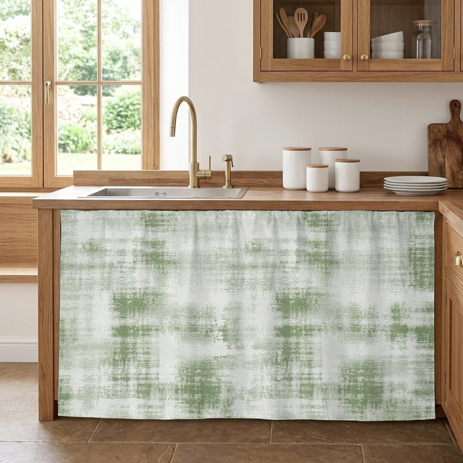 Abstract Green Cabinet Curtains 32" W x 55" L, Country Vintage ...