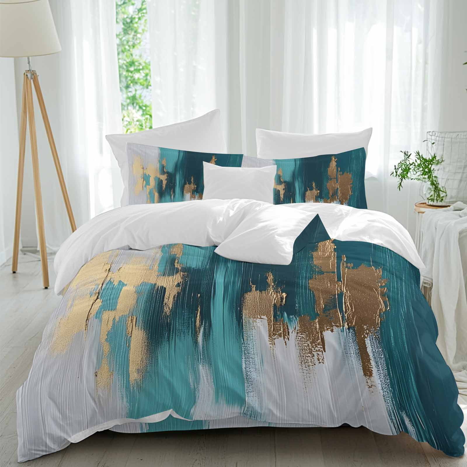 Abstract Green California King Duvet Cover Set, Gold Mottled Texture ...